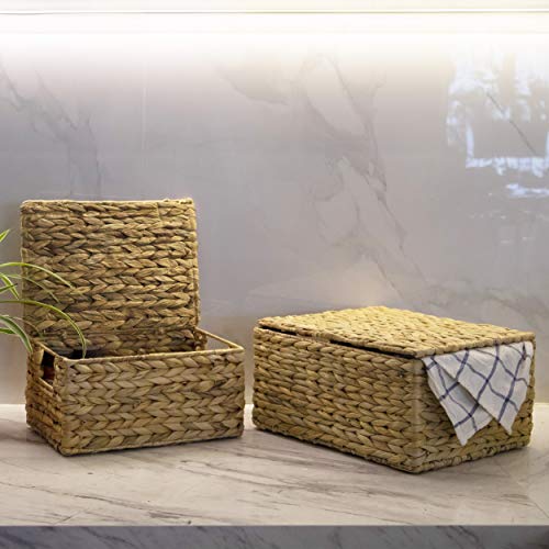 Set of 3 Pack Nesting Storage Baskets with Lids and Insert Handles for Home Organization | Closet Wicker Lidded Baskets for Shelves | Straw Wire Woven Storage Baskets with Lids (Water Hyacinth)