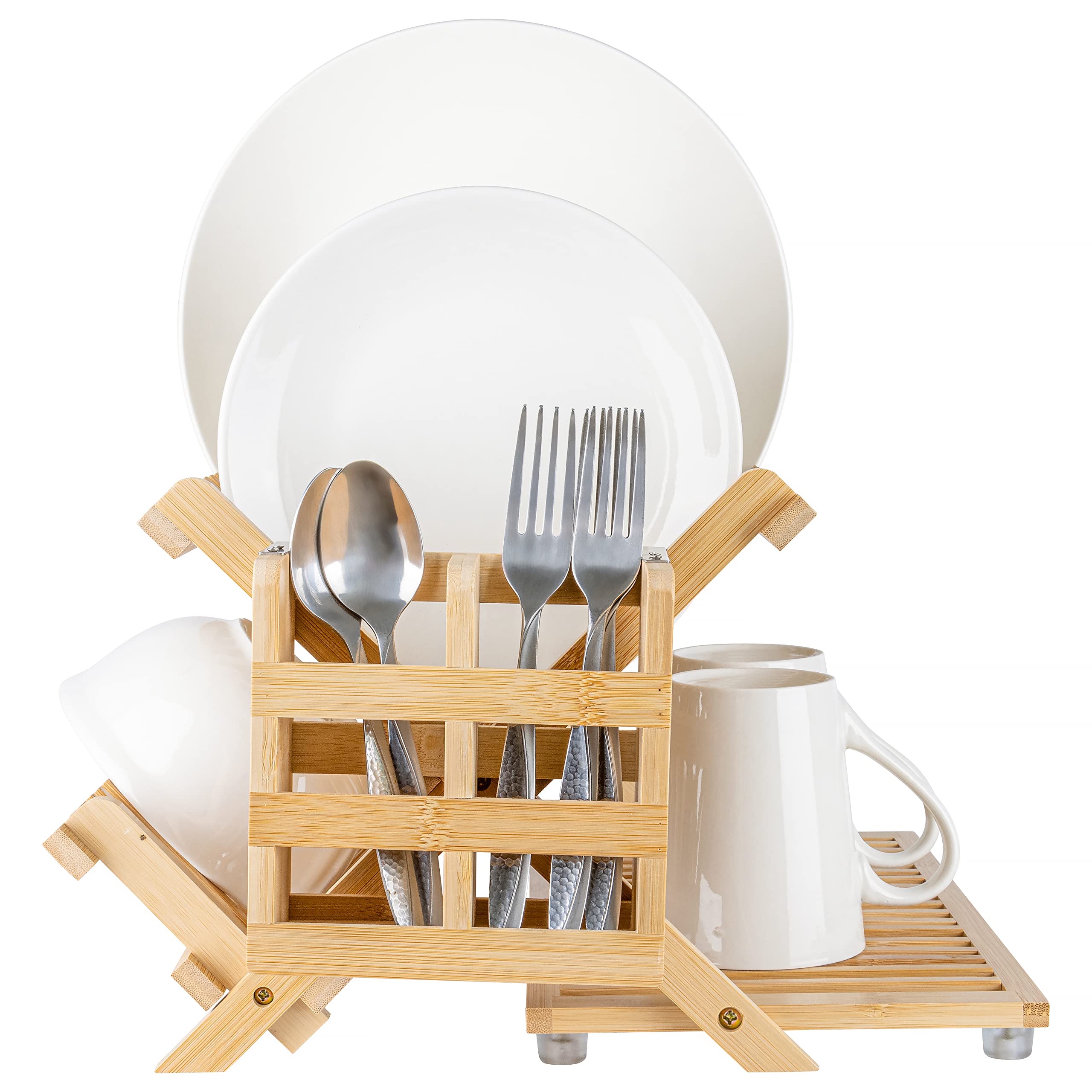 JOEY'Z Bamboo Dish Rack, Collapsible Dish Drying Rack for Kitchen Counter 3 Tier Kitchen Drying Rack (Dishrack with Utensil Holder)