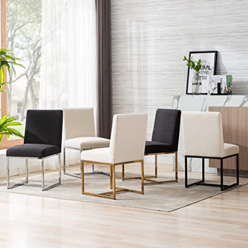 Set of 4 Linen Upholstered Dining Room Chair, Mid Century Modern Fabric Chair for Dining Room, with Black Metal Frame, Cream