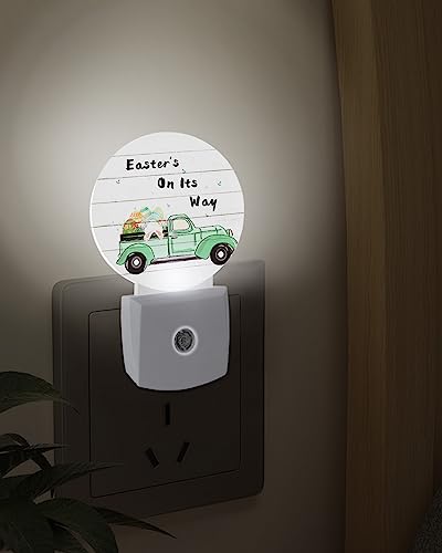 Night Light Plug into Wall, LED Nightlights Easter Green Truck with Bunny Eggs Wooden Board Texture Small Nightlight Auto Dusk-to-Dawn Sensor Lamp LED Night Lights for Kid's Bedroom, Bathroom