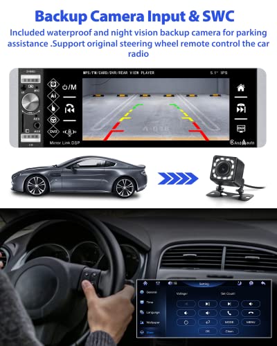 Single Din Car Stereo Compatible with Apple Carplay & Android Auto, Hikity 5.1 Inch Touchscreen Car Stereo Blueooth, Mirror Link, FM, Siri, SWC, USB/AUX/TF Input, Mic, Backup Camera