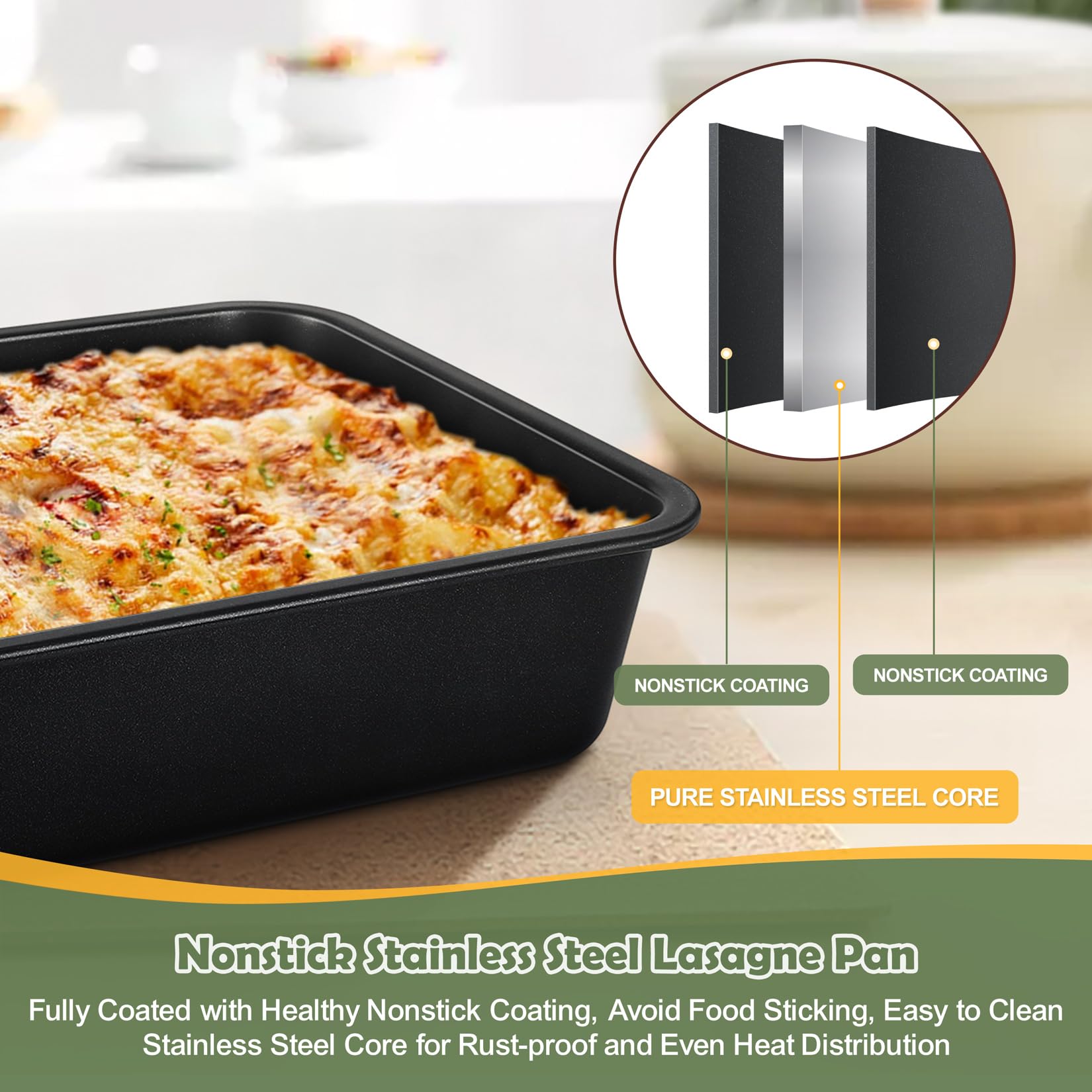 P&P CHEF 12.7 Inch Lasagna Pan, Nonstick Rectangular Baking Cake Pan for Brownie Lasagna, Deep Roasting Pan for Oven Use, Stainless Steel Core & 3.2 Inch Deep Side, Healthy & Sturdy, Black