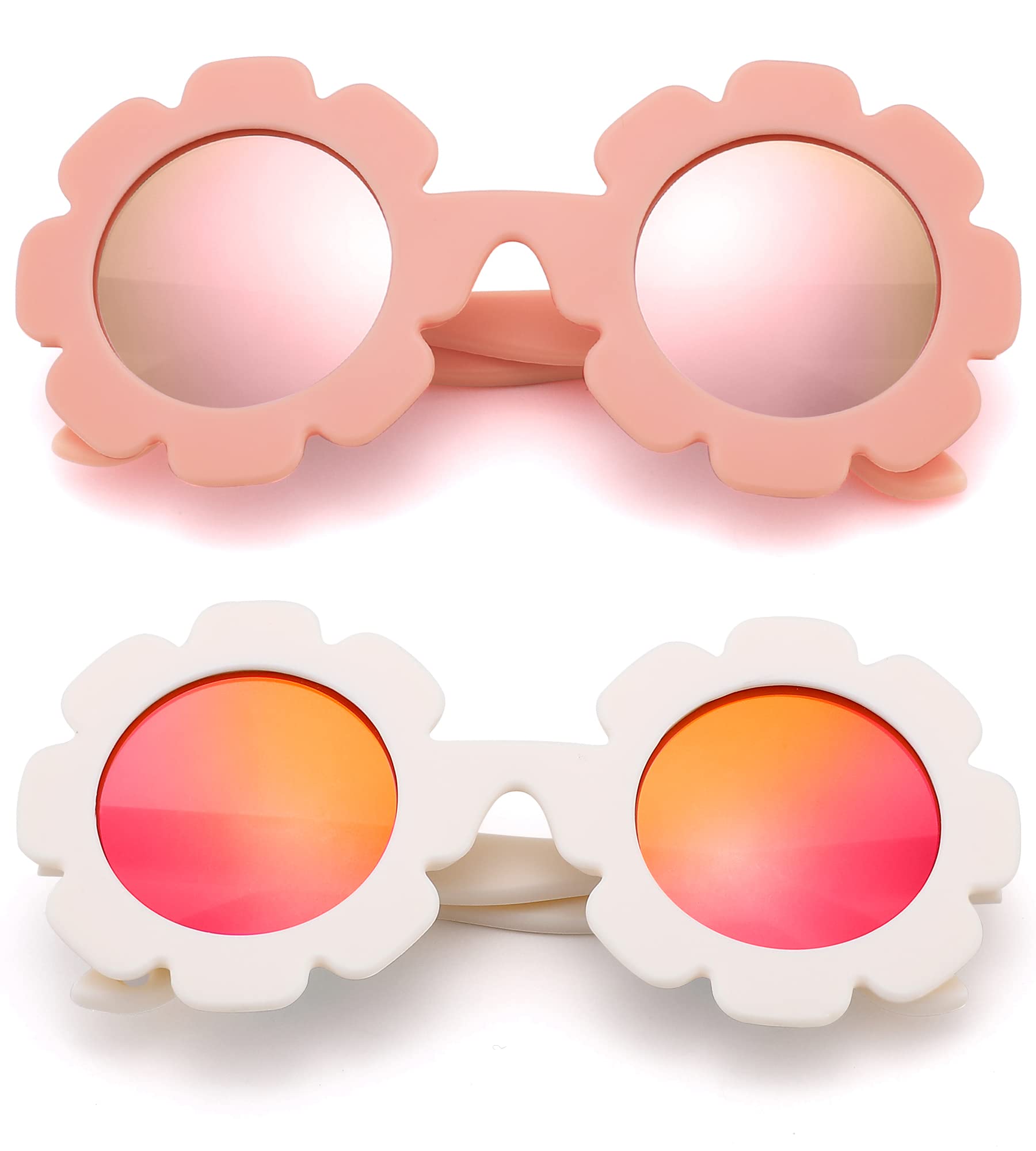 NULOOQ Polarized Baby Sunglasses with Strap β Flexible Flower Shaped Sunglasses for Toddler & Infant Age 0-24 Months (Pink/Pink Mirrored + White/Purple Red Mirrored) - 2 Pack