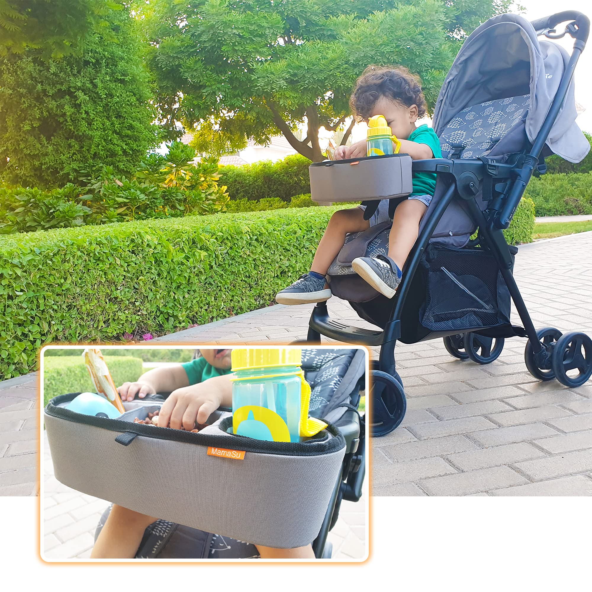 MamaSu Stroller Snack Tray - Universal stroller tray with Insulated Sippy Cup Holder - Non-Slip Straps - Universal Stroller Snack Tray Attachment Fits Most Types of Strollers (MS0922)