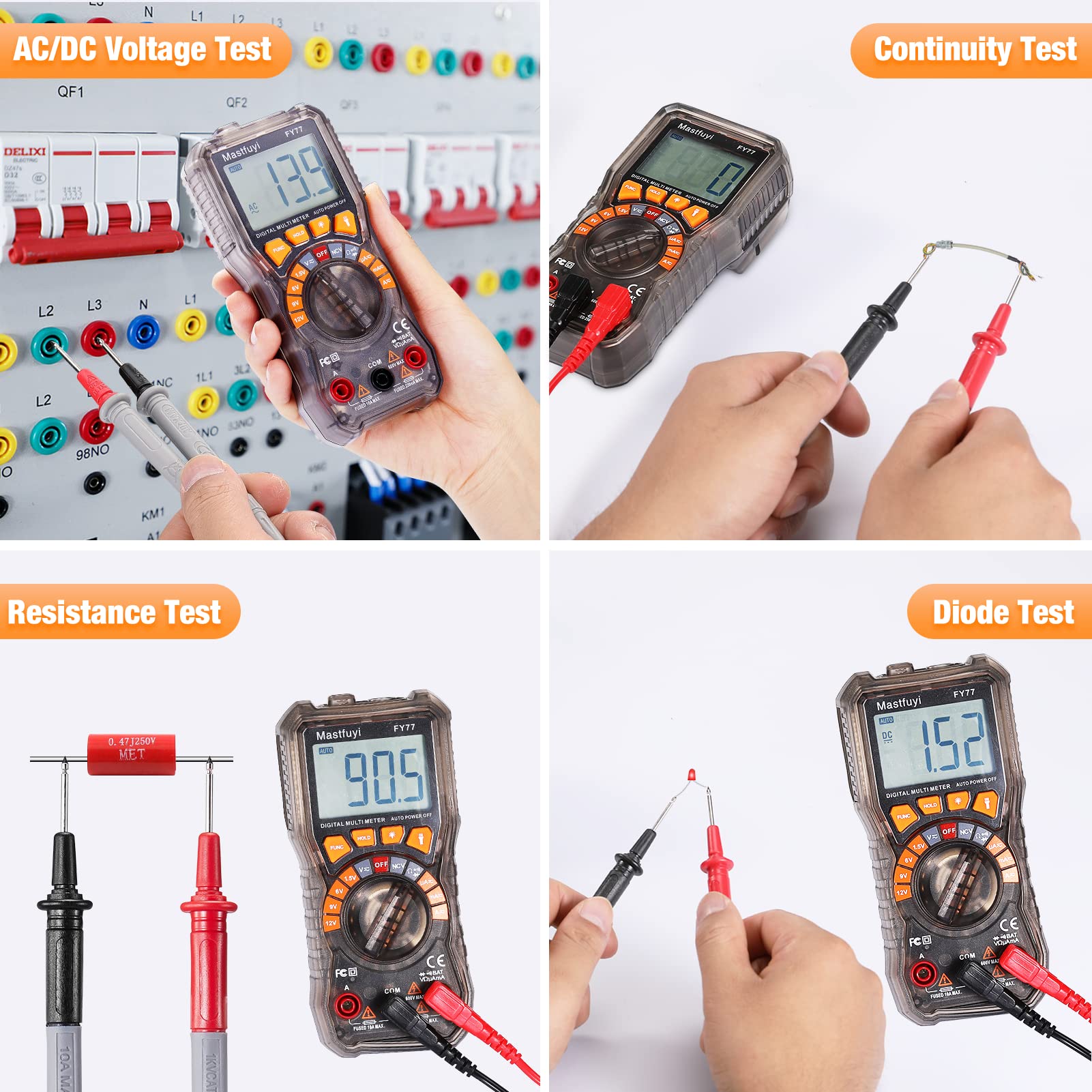 Mastfuyi Digital Multimeter, Multi Tester with NCV Non-Contact Voltage Detection, Battery Tester, Auto-Ranging Tests, True RMS 1999 Counts, AC/DC Current, AC/DC Voltage, Resistance, Continuity, Diode