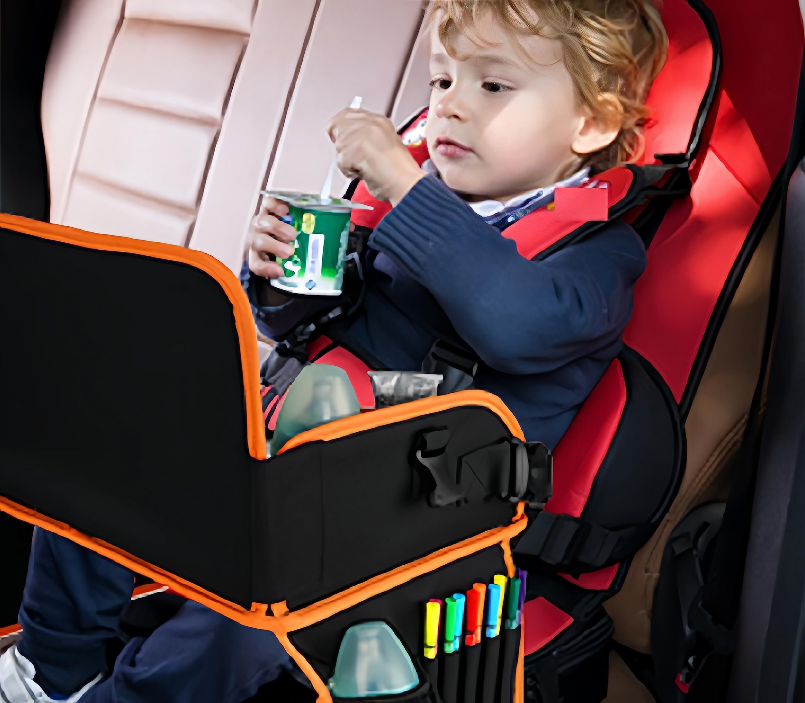 MENZOKE Pink & Black Kids Travel Tray Bundle,2 In 1 Backseat Car Organizer for Little KIds with Educational Drawing Board,Tablet Holder&Cooler Cup Holder, Car Seat Tray for Kid Travel, Birthday Gifts