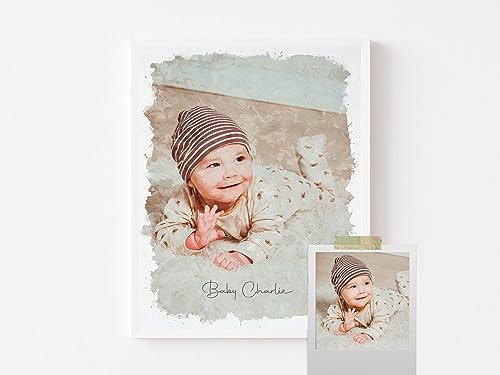 Personalized Baby Watercolor Canvas Painting With Name Printed On Premium Gallery Wall Art - Custom Newborn Portrait From Photo (S - 11x14 Inches)