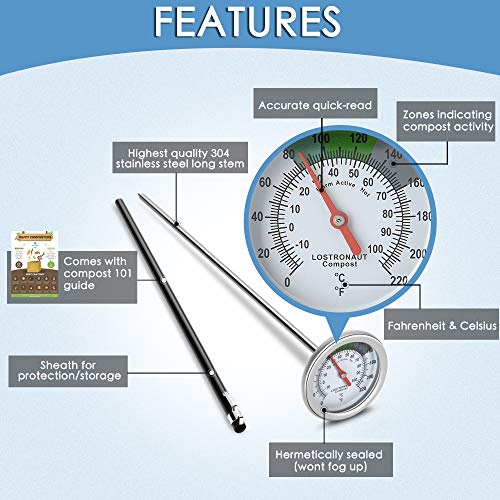 Long Stem Compost Soil Thermometer - Fast Response Stainless Steel 16 Inch - Fahrenheit and Celsius - Includes Protective Sheath and Composting Guide