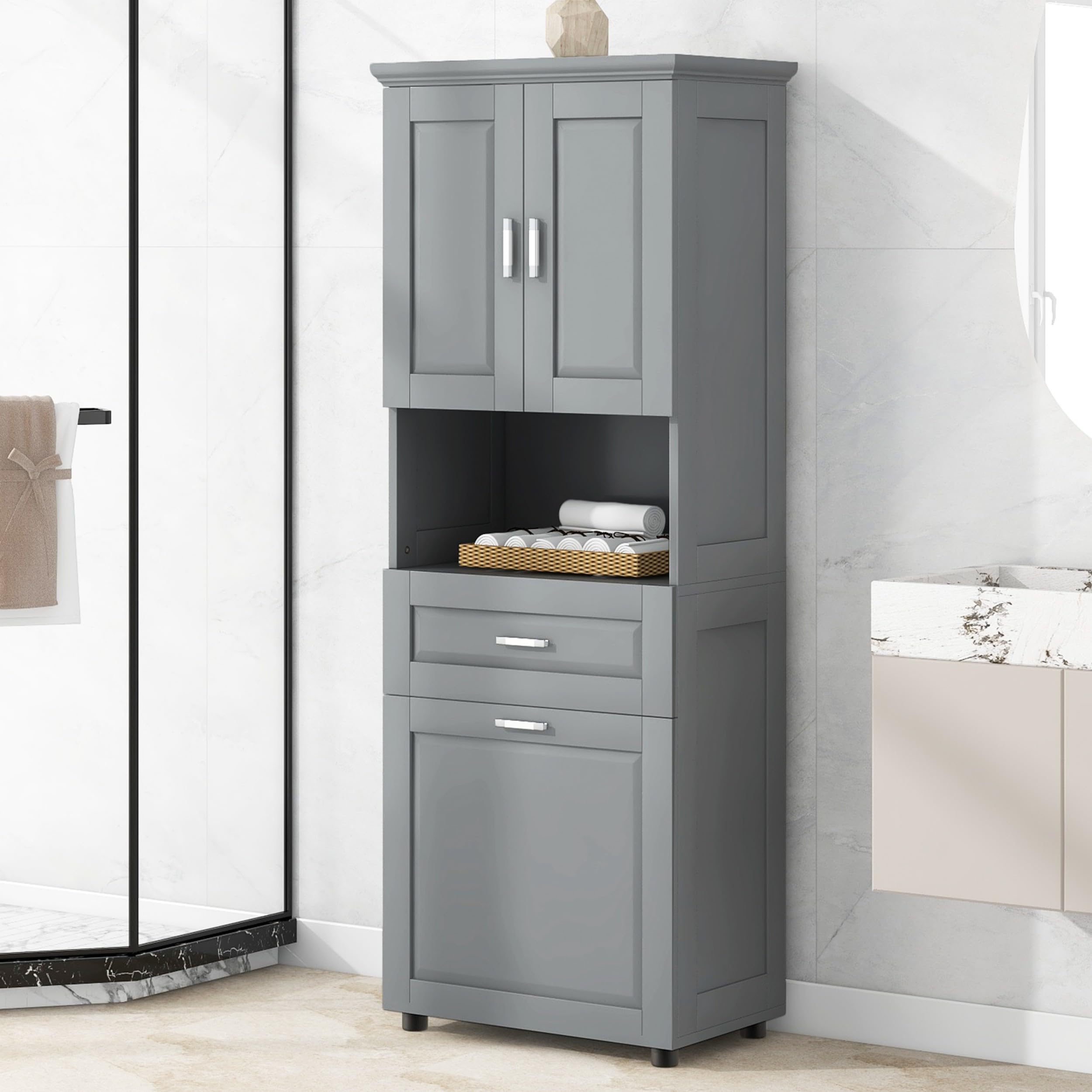 RCCFBHM Modern Bathroom High Bathroom Cabinet with Tilting Laundry Hamper with Double Door Storage and 1 Drawer, Open Storage Cabinet for Bathroom, Living Room.