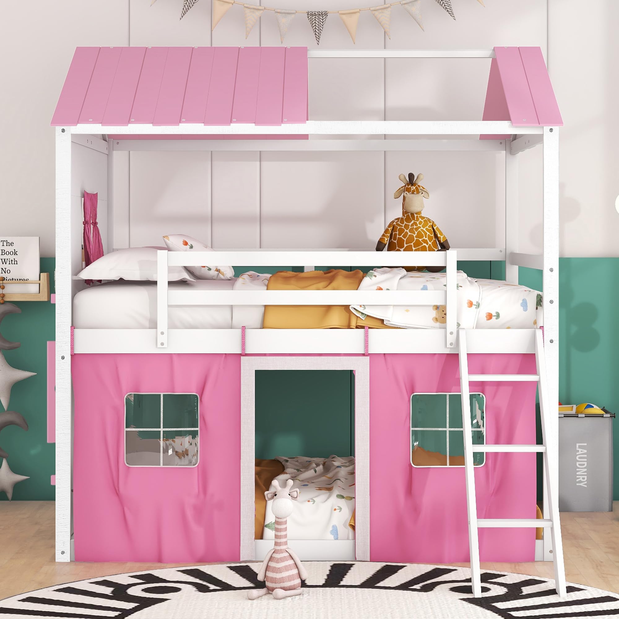 Merax Full Over Full Bunk Wood House Bed with Elegant Windows, Sills and Tent, Pink+White