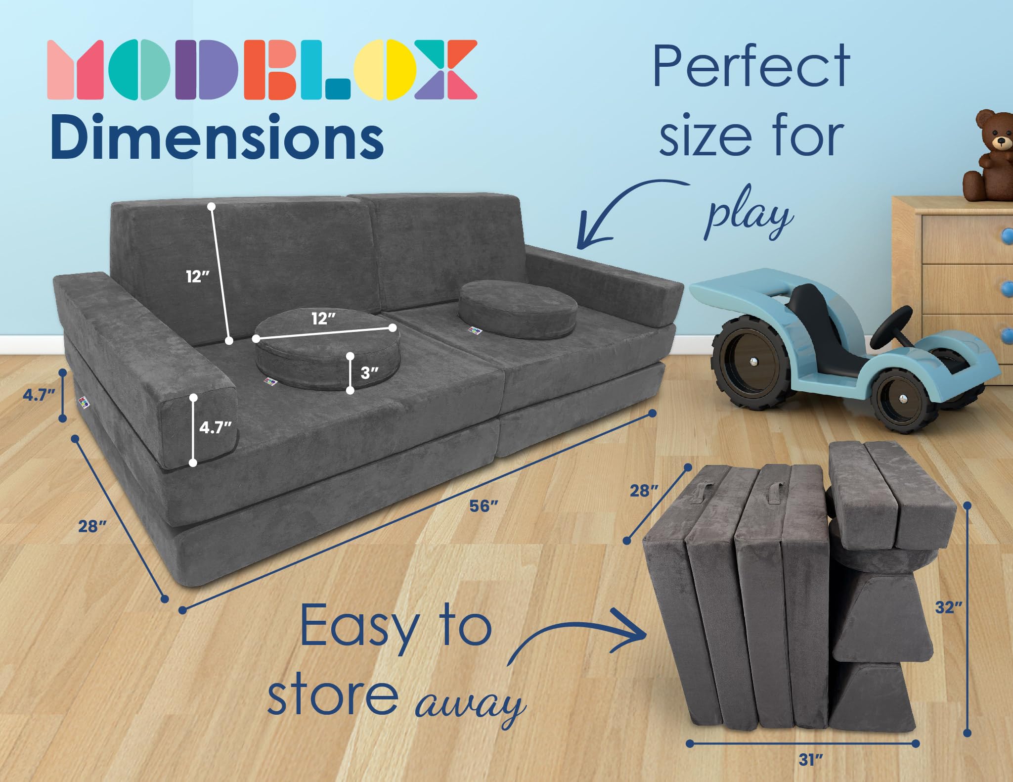 Mod Blox 10 Piece Soft Modular Kids Play Couch for Boys and Girls | Child Sectional Fort Building Sofa for Toddlers Playroom with Microsuede Covers + High Density Convertible Foam Cushions (Dark Gray)