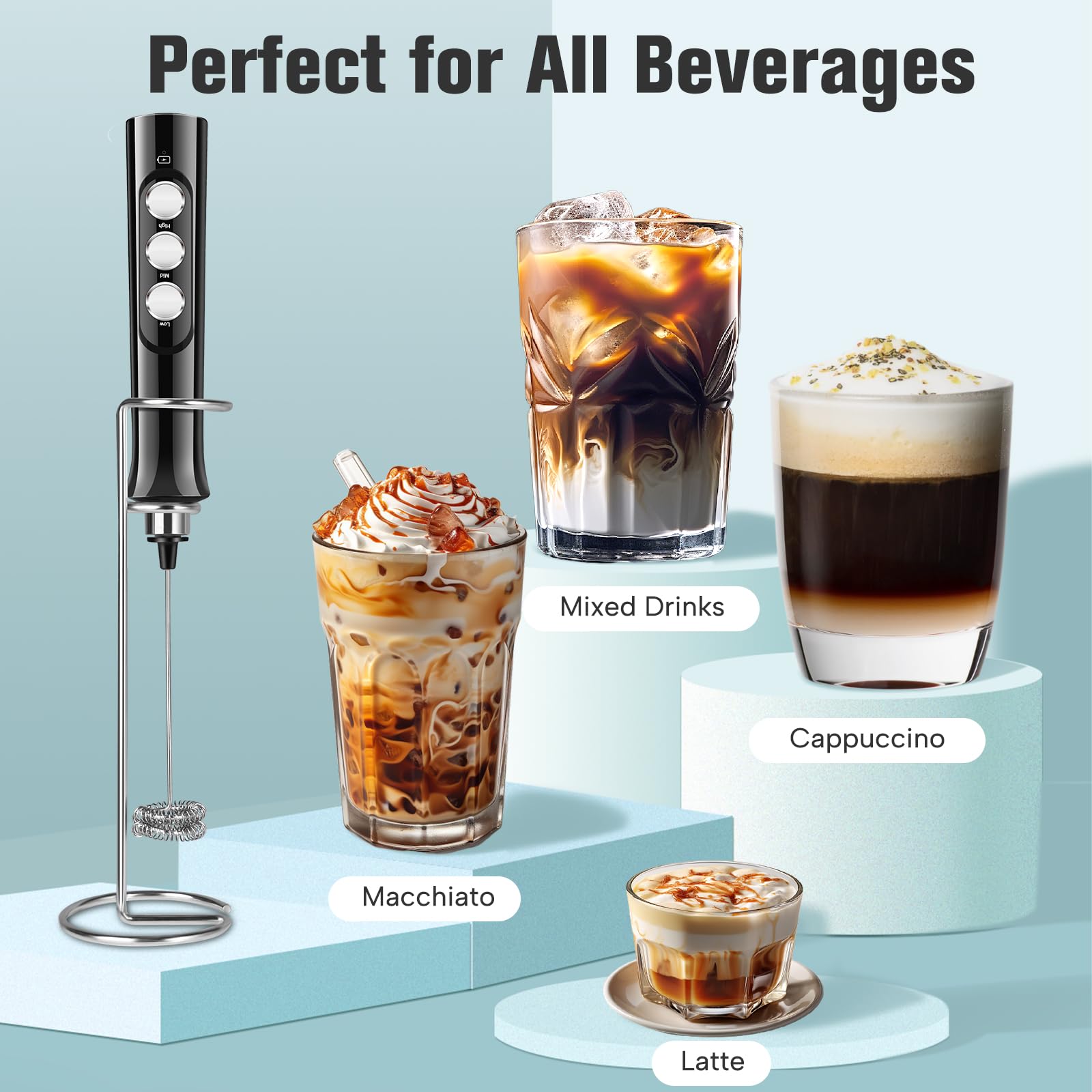 Rechargeable Milk Frother Handheld for Coffee, Stirrers Electric Whisk with Wall Mounted Stand, Drink Mixer Hand Frother Wand (MF02)