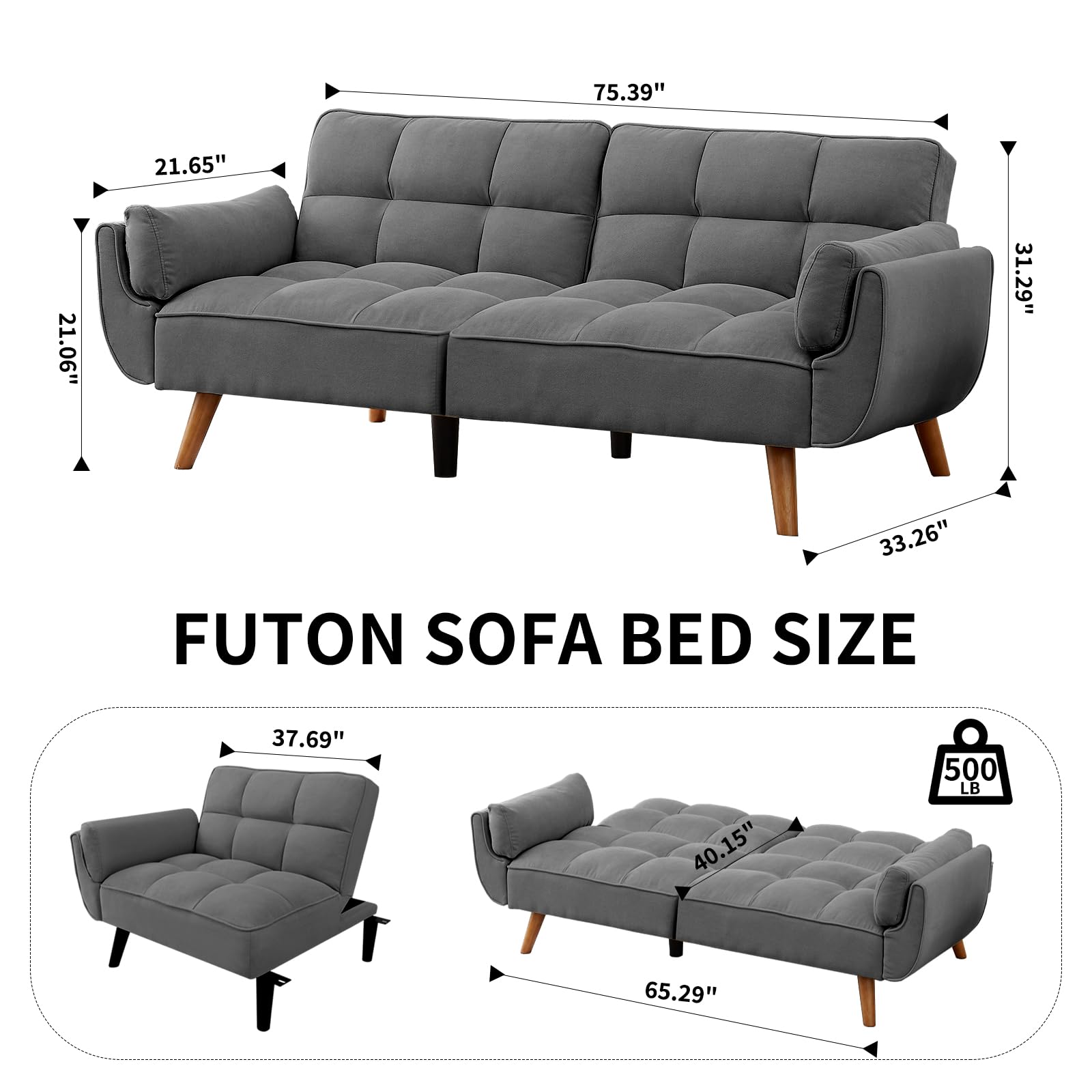 saows Futon Sofa Bed, Modern 75" Convertible Sofa Bed with Split Backrests and Pillow Top Armrests, Sleeper Bed Couch for Small Spaces, Living Room, Bedroom, Dark Grey
