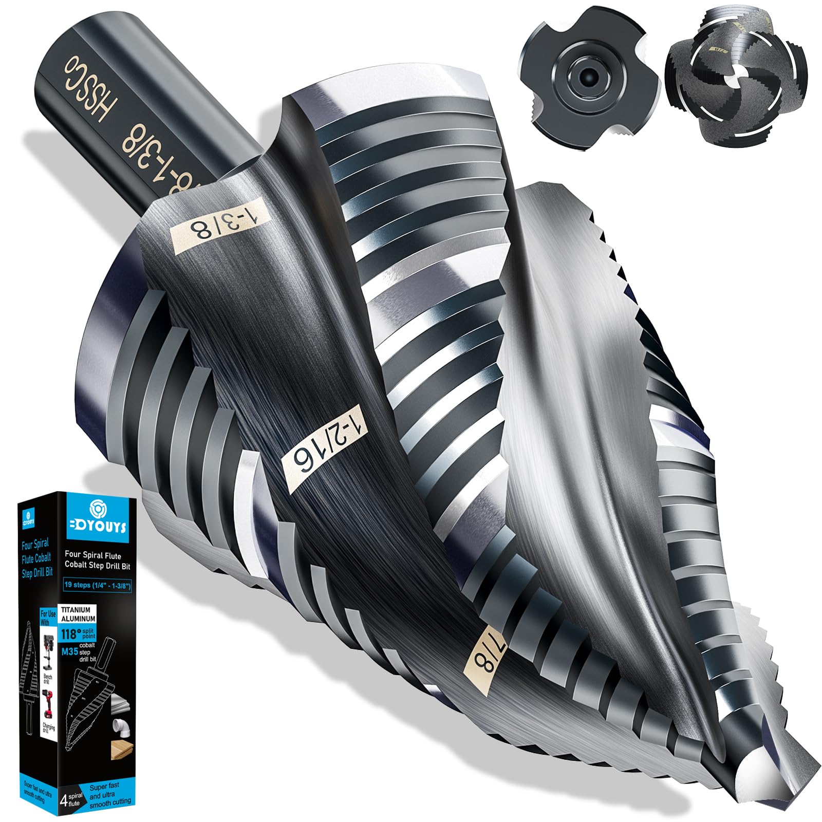 M35 Four Spiral Flute Step Drill Bit Set 1/4" - 1-3/8" (19 Sizes, 1/4" Hex Shank Unibit Step Drill bit, Impact Resistant M35 Cobalt Step Drill Bit, for Stainless Steel, Wood, Aluminum, Plastic