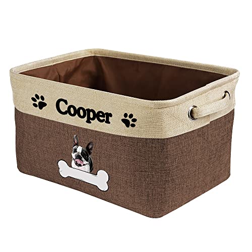 Personalized Dog Boston Terrier Bone Decorative Storage Basket Fabric Durable Toy Box with 2 Handles for Organizing Closet Garage Clothes Blankets Brown and White