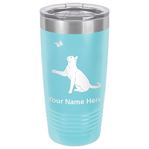 LaserGram 20oz Vacuum Insulated Tumbler Mug, Cat with Butterfly, Personalized Engraving Included (Light Blue)