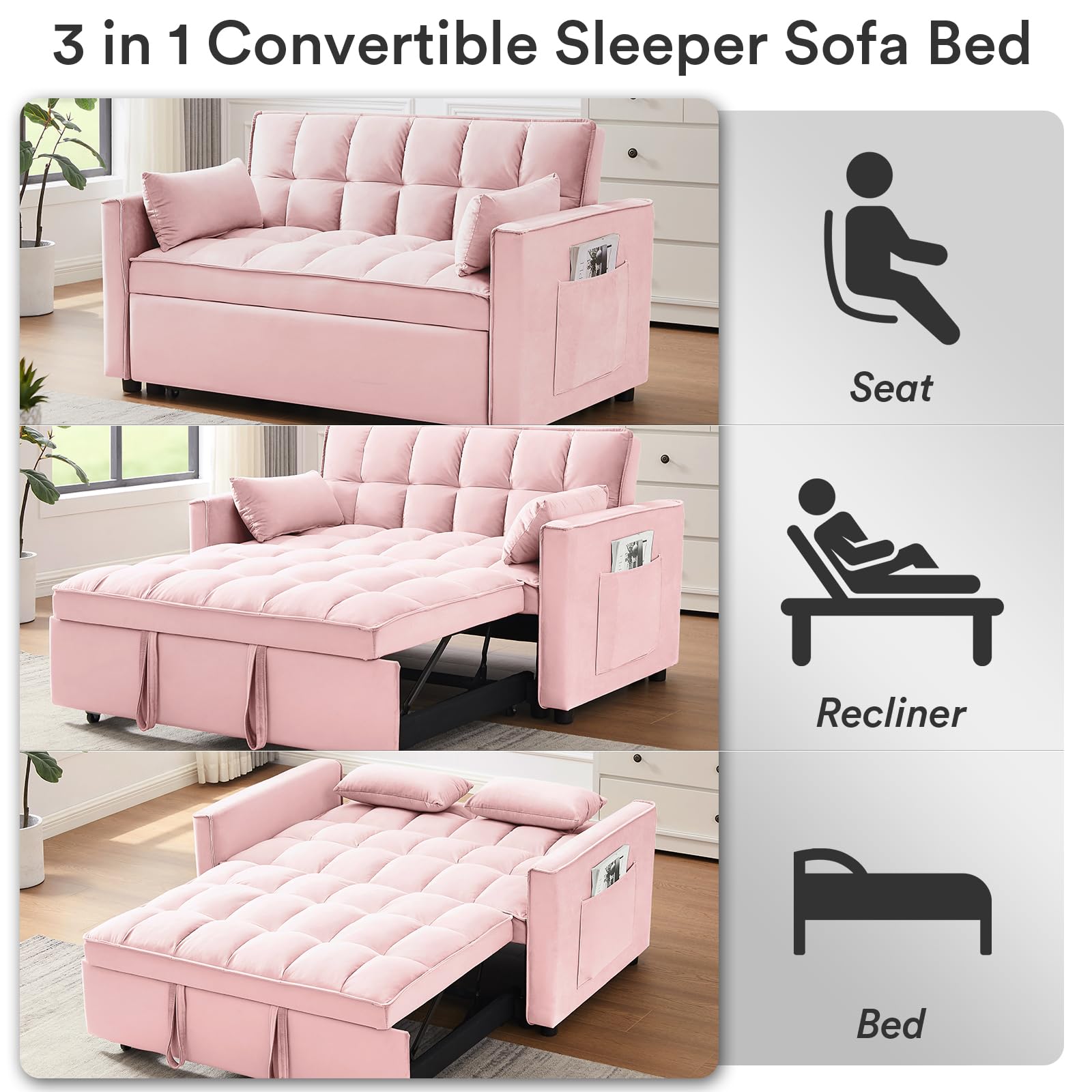 Rovibek 3 in 1 Sleeper Sofa Couch Bed Convertible Sofa Bed Pull Out Futon Loveseat Velvet Chaise Lounge 2 Seat for Living Room Apartment Small Space, Adjustable Backrest, Pillows, White