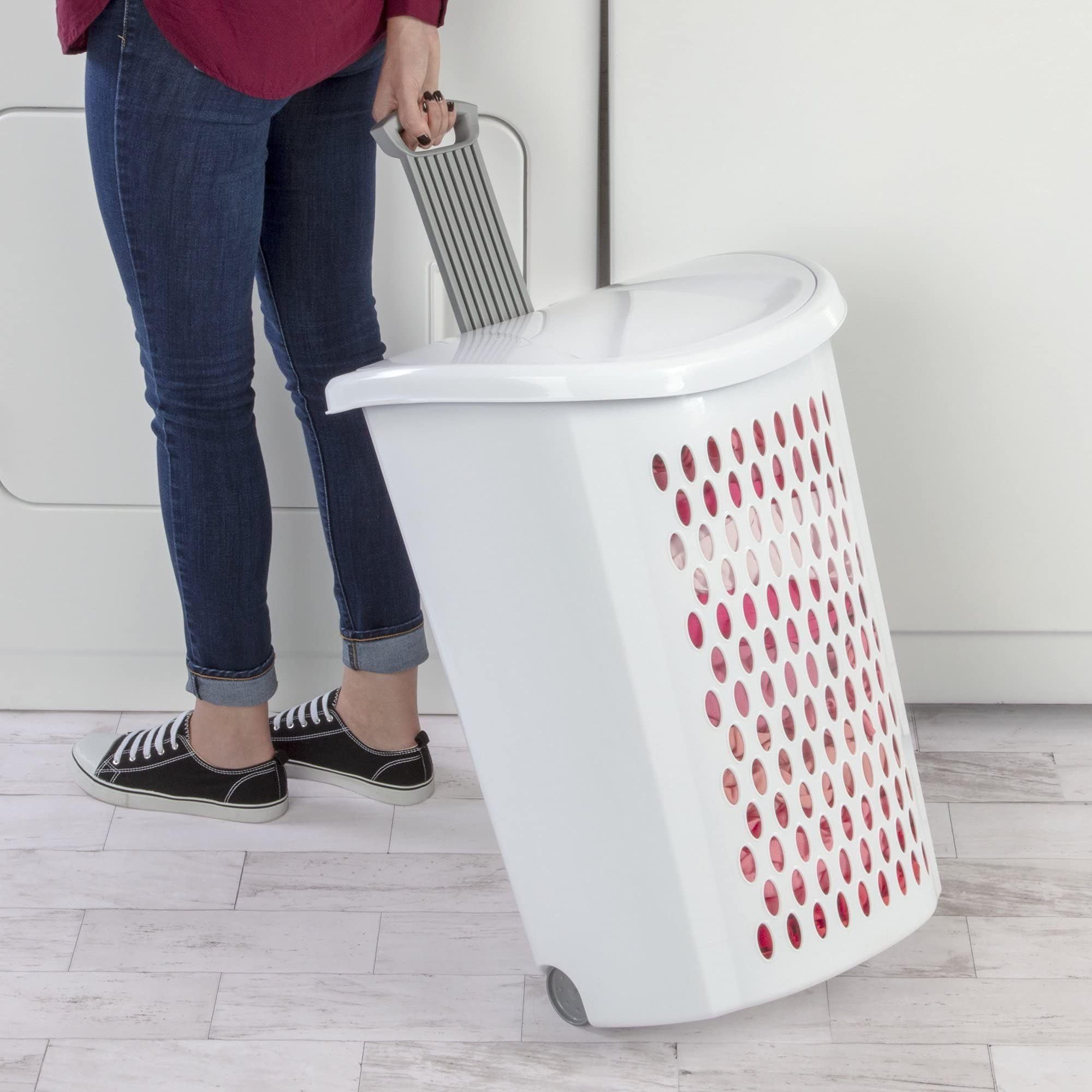 SeaQily Ultra Wheeled Design Clothes Laundry Basket, Mind Reader Basket Collection,135 Liter (20 1/8" x 15 3/8" x 26 3/4")Capacity, Laundry Hamper White Lid & Base w/Plastic Handle & Wheels,1-Pack