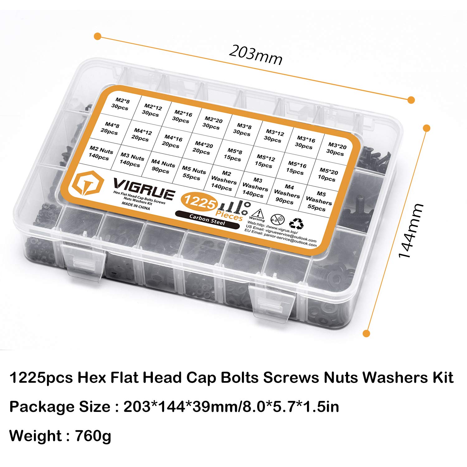 M6-1.0 M8-1.25 Flat Countersunk Hex Head Socket Cap Screws, 10.9 Grade Alloy Steel, VIGRUE 205PCS Metric Internal Hex Screws Bolts Nuts Washers Assortment Kit, Full Coarse Thread UNC