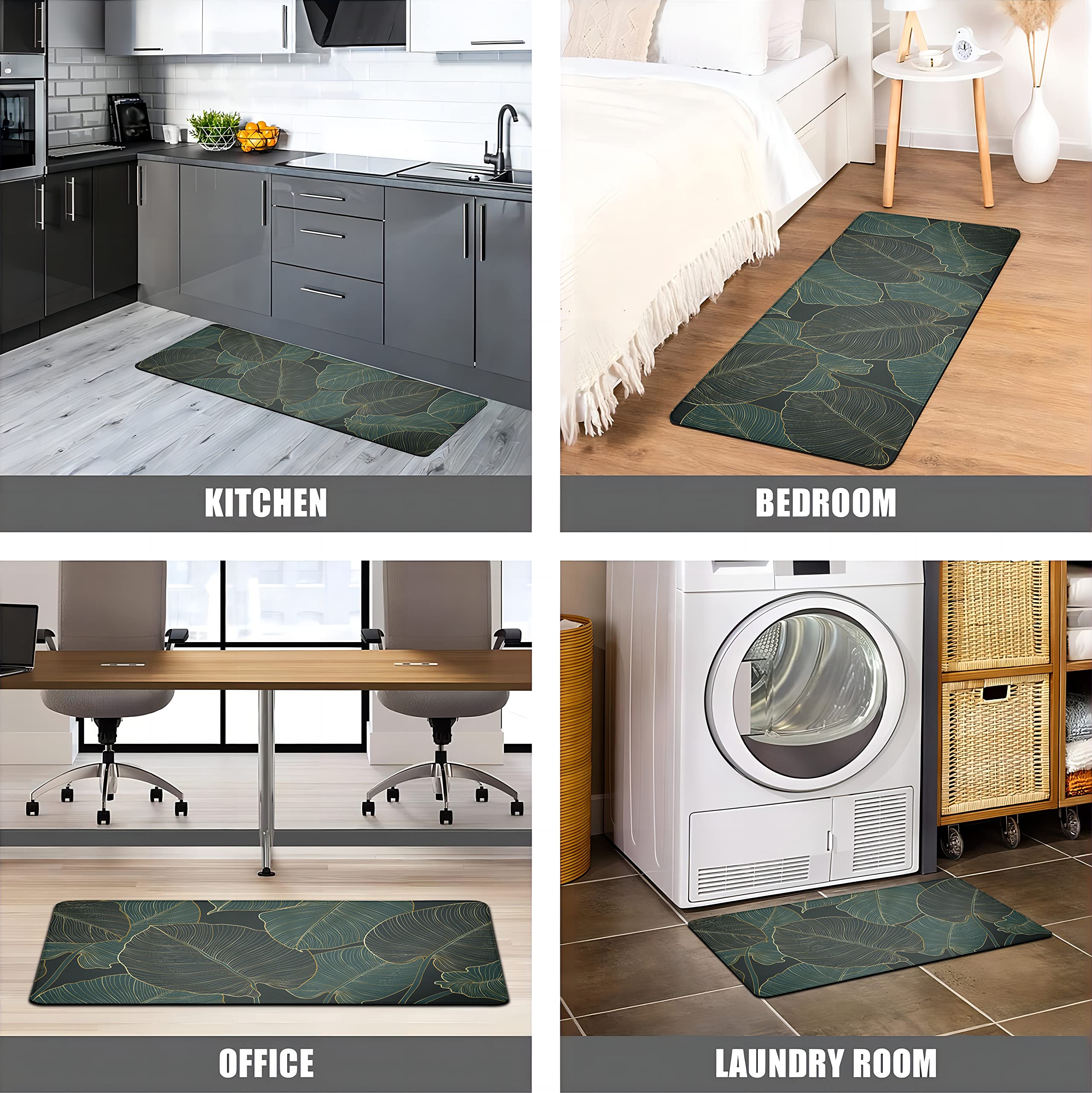 Kitchen Mats for Floor Cushioned Anti Fatigue Mats for Kitchen Floor Green Kitchen Floor Mat Memory Foam Boho Kitchen Rugs Luxury Kitchen Runner Kitchen Rugs Sets of 2, 17.3x28 + 17.3x47, 0.4 inches