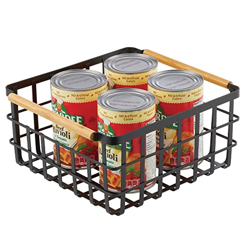 mDesign Metal Wire Storage Organizer Basket with Bamboo Wood Handles for Kitchen Pantry, Rustic Farmhouse Bin to Store Fruit, Coffee, Spices, Supplies, Yami Collection, 8 Pack, Matte Black/Natural/Tan