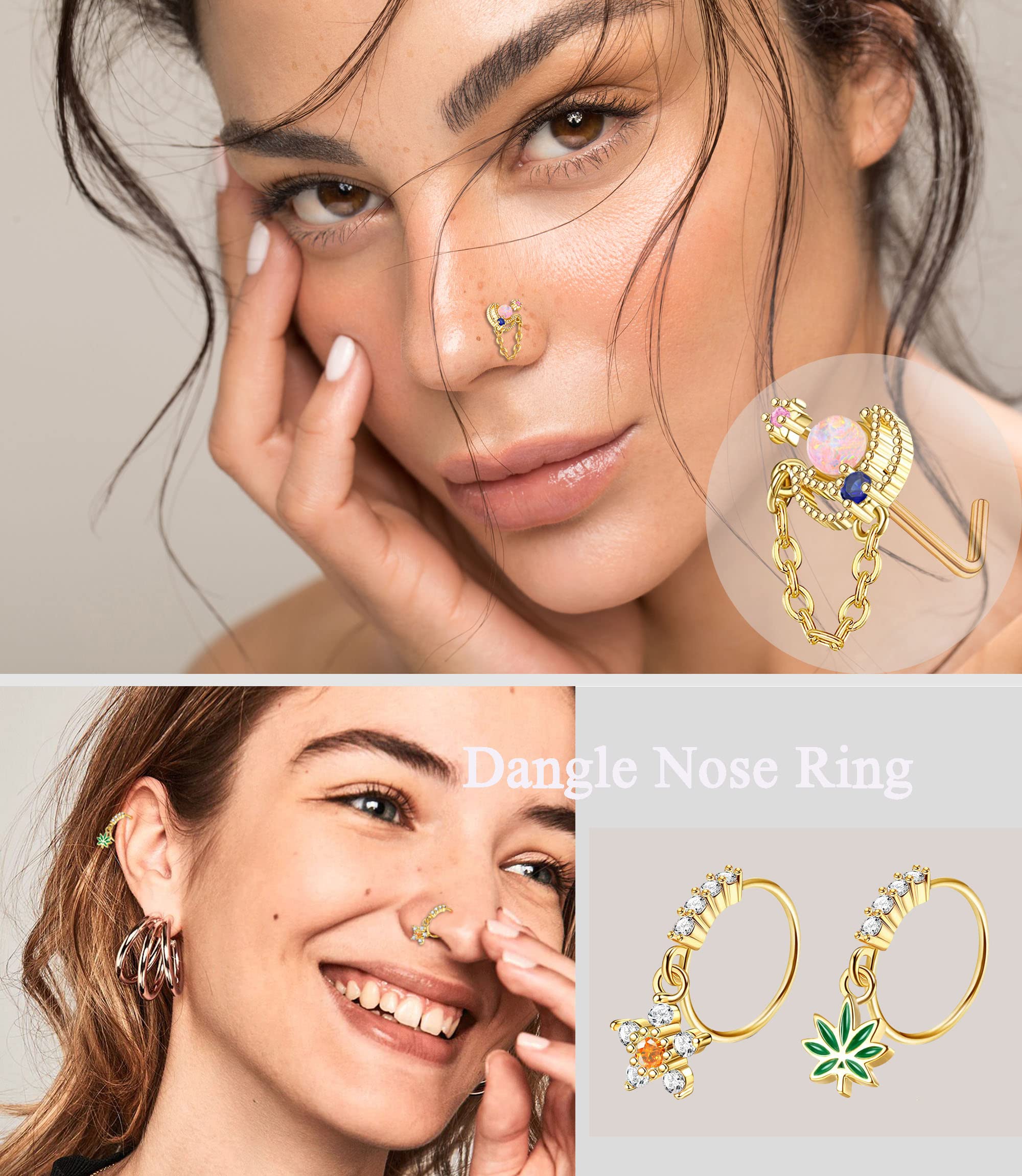 MJust 20G Dangle Nose Ring L Shaped Dangling Nose Stud for Women Stainless Steel Nose Ring Studs CZ Flower Dangle Nose Rings Hoops Nose Piercing Jewelry with Charm(Gold)