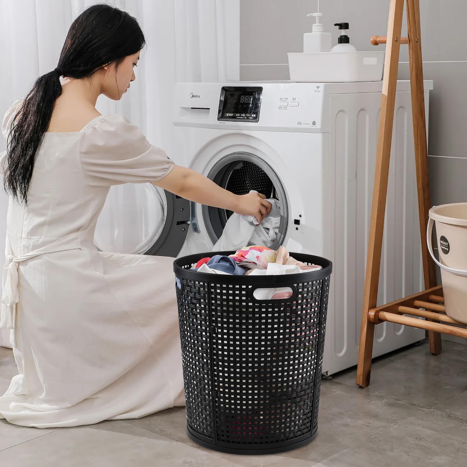 Waikhomes Laundry Hamper with Handles, Flexible Laundry Basket for Clothes, Black, F