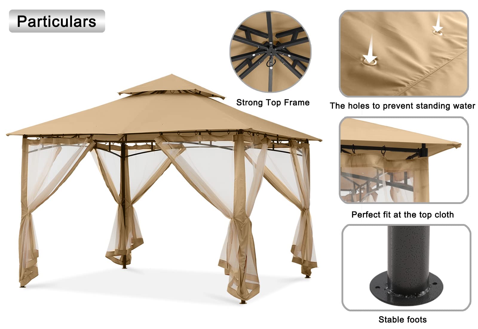 MASTERCANOPY Outdoor Garden Gazebo for Patios with Stable Steel Frame and Netting Walls (10x10, Beige)