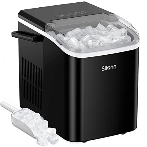 Silonn Countertop Ice Maker Machine with Handle, Portable Makers Countertop, Makes up to 27 lbs. of Per Day, 9 Cubes in 7 Mins, Self-Cleaning Scoop and Basket, Black, 12 x 9 x 12 inches (SLIM06)