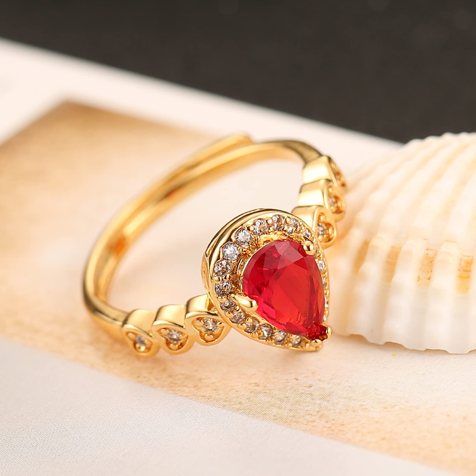 HZMAN Drop Shaped Red/Green CZ Diamond Cut Women's Ring Gold Plated Brass Adjustable Commitment Couple Thumb Pinkie Ring