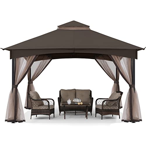 MASTERCANOPY Tool Free Patio Gazebo Screw Free Easy Installation Outdoor Garden Gazebo with Netting Walls (11x11,Dark Brown)