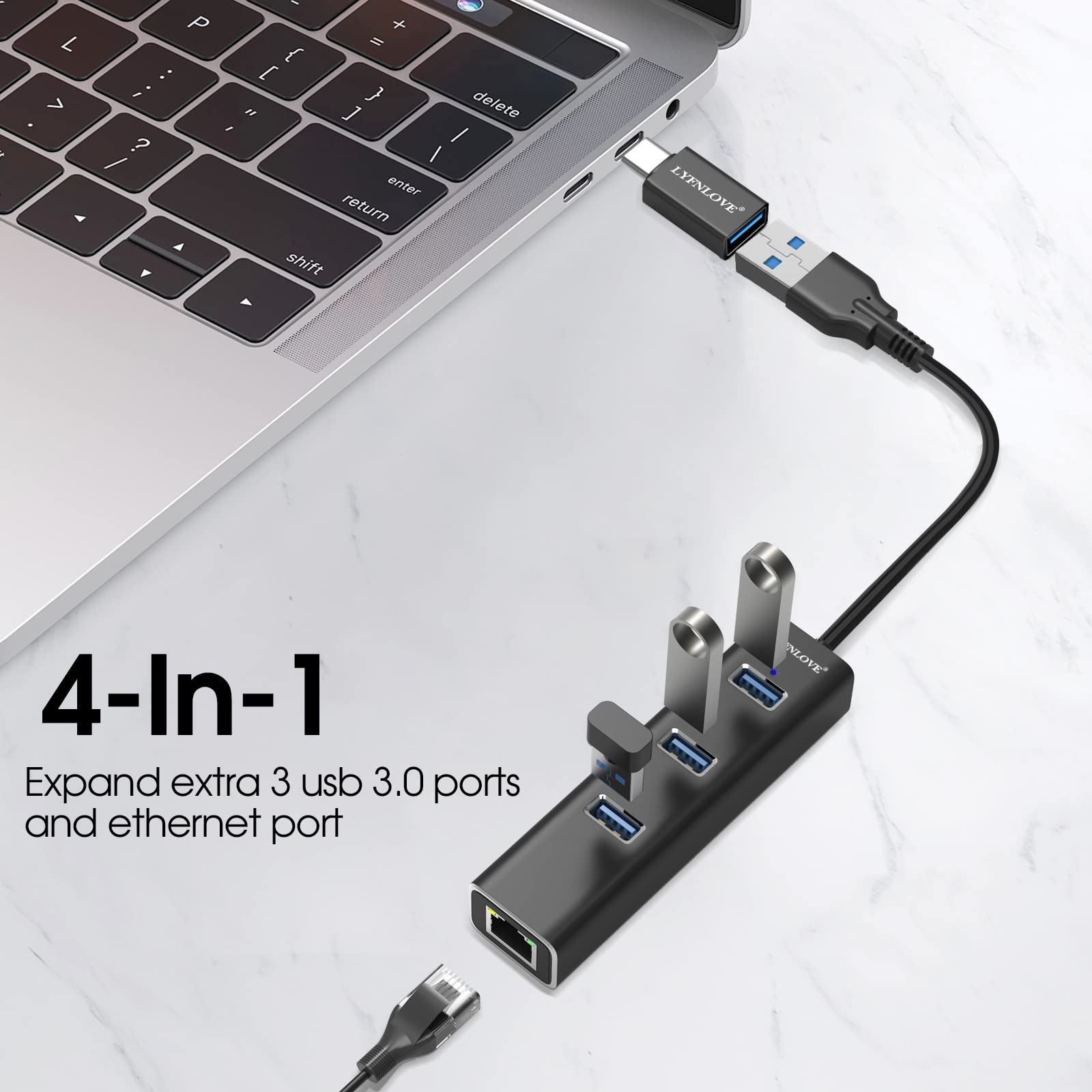 LYFNLOVE USB Hub with Ethernet, 3-Port USB 3.0 Hub Splitter with USB C Adapter, Aluminum USB to Ethernet Adapter + Multi USB Port Extender Hub for MacBook Pro/Air, iMac, Laptop