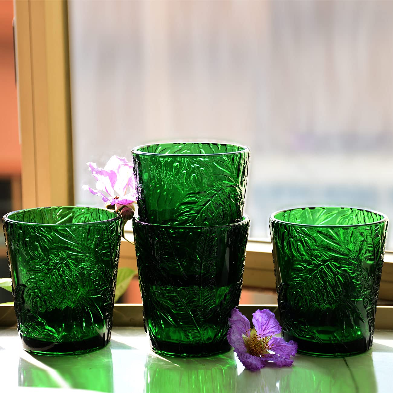 Jomop Handmade Pressed Colored Tumbler Drinking Glasses Green Set of 4 Retro (4, Old Fashioned Glasses)