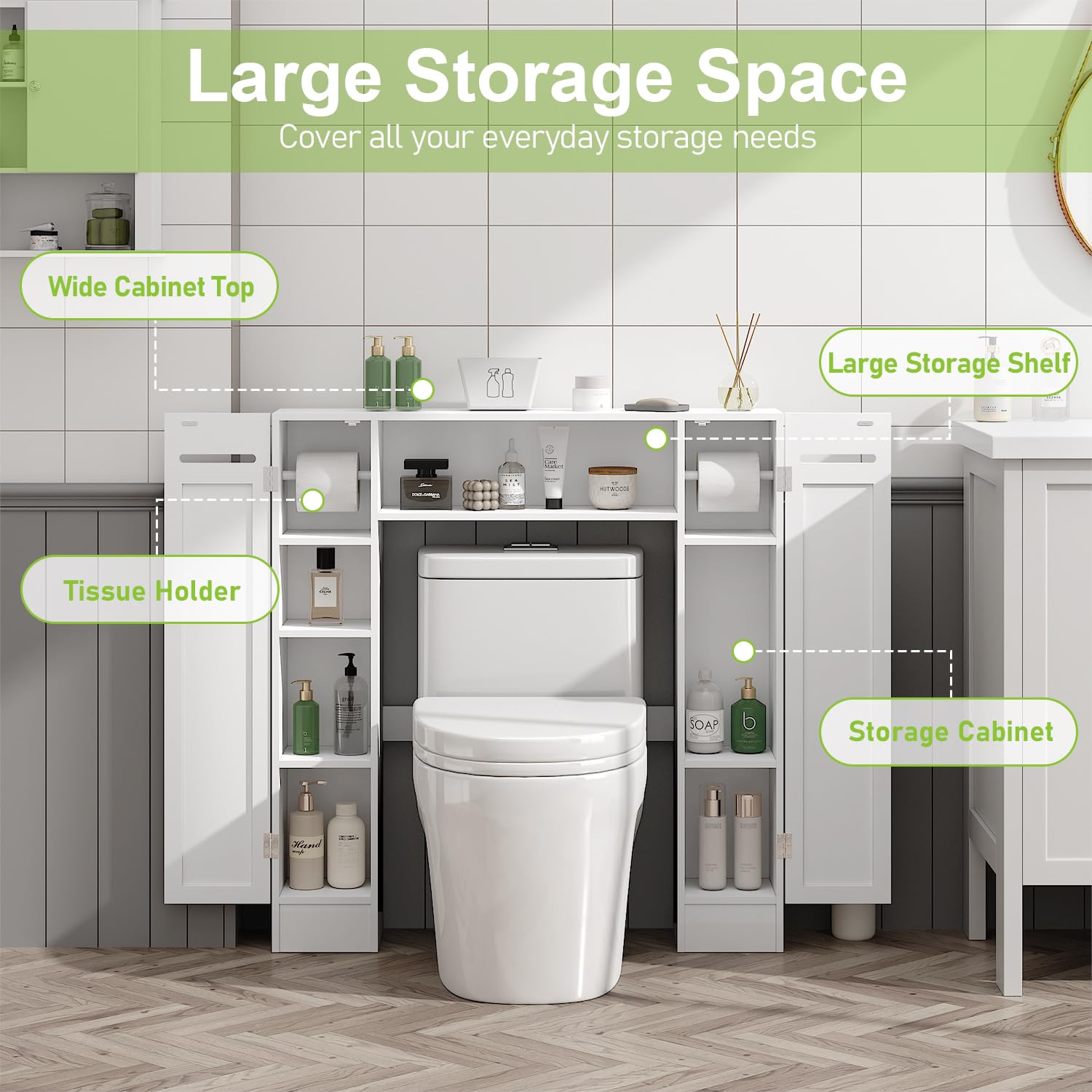 Short Over the Toilet Storage Cabinet β Freestanding Bathroom Space Saver with Adjustable Shelves, Toilet Paper Holder & Anti-Tip Design - Bathroom Organizer for Extra Storage, for Renters, Families