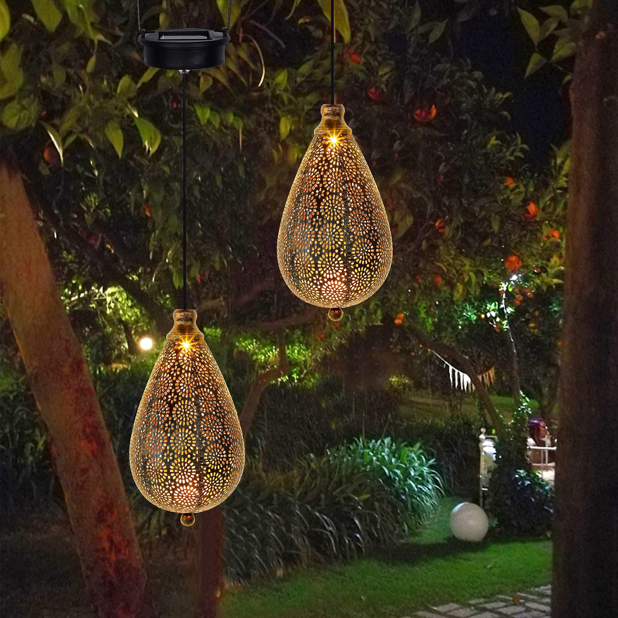MAGGIFT 2 Pack Solar Hanging Lights, Solar Powered Decorative Retro Lantern with Handle, Warm White LED Christmas Garden Boho Flower Lights, Metal Drop Shape Waterproof Outdoor Yard Tree Fence Patio