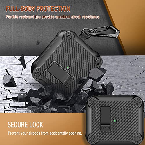 R-fun Airpods 3rd Generation Case with Automatic Secure Lock Clip, Armor Protective Hard TPU Case Cover for Apple Airpods 3 2021 Charging Case with Carbon Fiber Keychain-Black