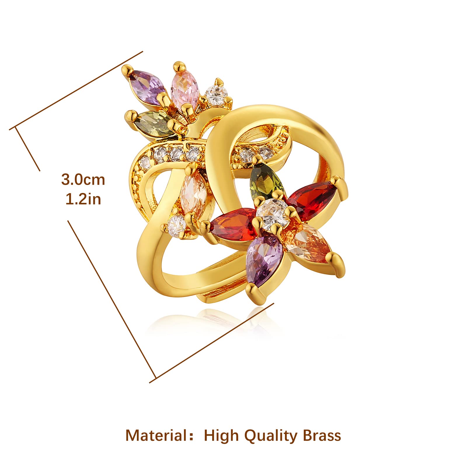 HZMAN Women's Gold Plated Ring Delicate Cubic Zirconia Colorful Flowers Adjustable Stacking Wedding Rings (knot)