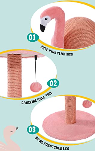 PETEPELA Cat Scratching Post, Flamingos Natural Sisal Cat Scratcher with Interactive Toy Ball and Extra Replacement Sisal Scrathing Pole for Kittens and Small Cats Pink