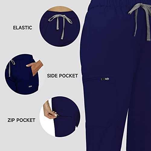niaahinn Unisex Scrub Set Scrubs Top and Pants Medical Uniform V-Neck Top & Multi Pocket Pants (Navy Blue,M)