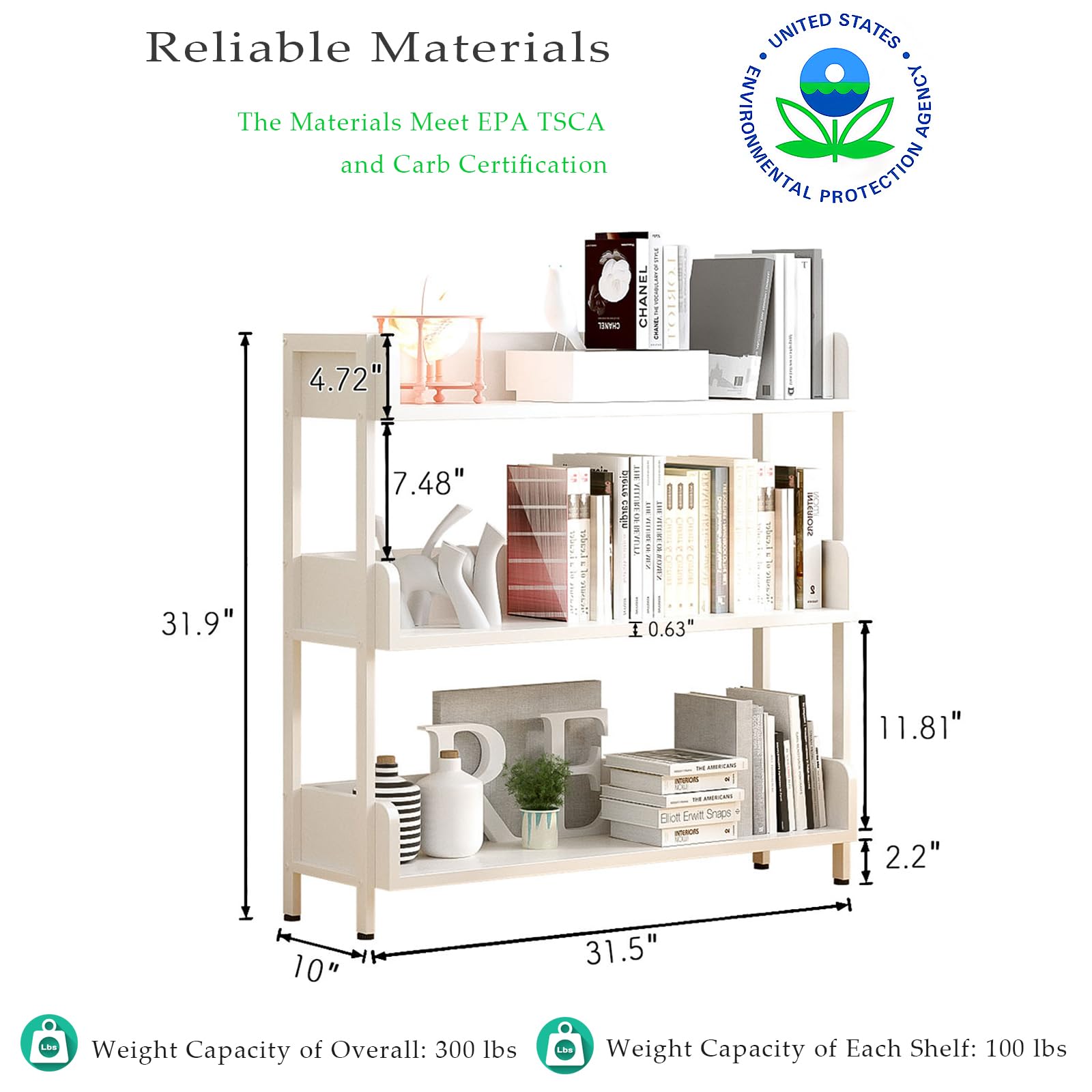OSCHF Wide Open Shelf Bookcase - Modern 3-Tier Floor Standing Display Bookshelf with Top Edge and Metal Frame for Home and Office, Storage Shelving, Warm White