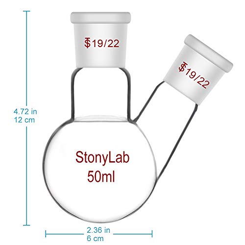 StonyLab Glass 50ml Heavy Wall 2 Neck Round Bottom Flask RBF, with 19/22 Center and Side Standard Taper Outer Joint - 50mL