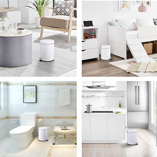 OCTMUSTARD 5 L Round Step Pet Trash with Lid,Mini Metal Pedal Bin,Small Garbage Can Wastebasket for Home,Car or Office,White