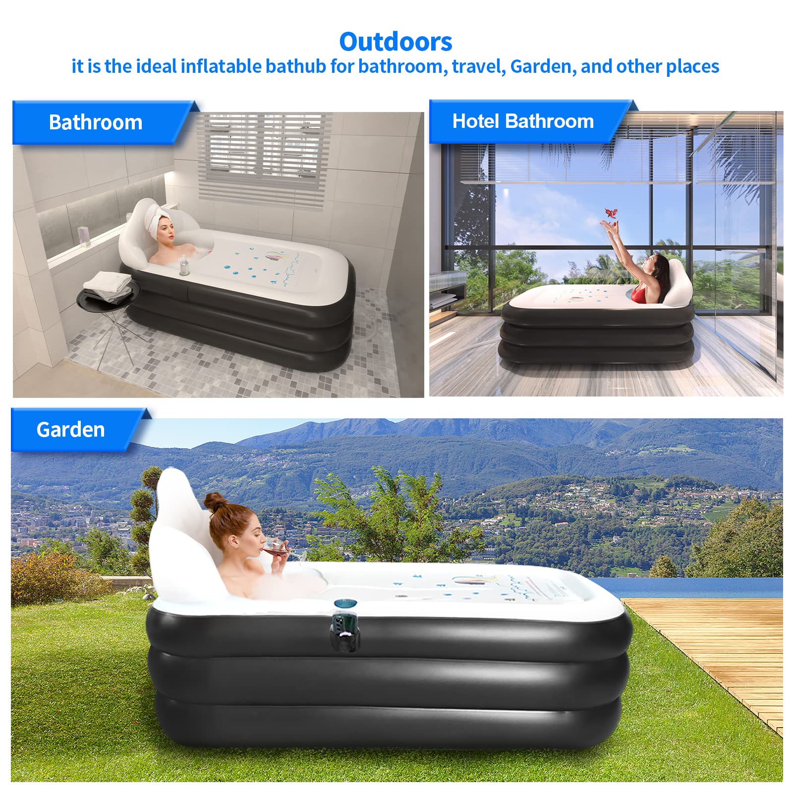 Inflatable Portable Bathtub-Family SPA Freestanding Bathtub with Bath Pillow-Inflatable Bathtub With Neck and Back Support-Suitable For Cold Plunge Tub-Training Tub-Ice Bath & Hot Bath,63''X35''(Grey)
