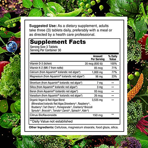 PlantFusion Vegan Calcium, Premium Plant Based Calcium (1000mg) Sourced from Icelandic Red Algae, Plus Magnesium, D3, K2, and Boron, 90 Vegan Tablets