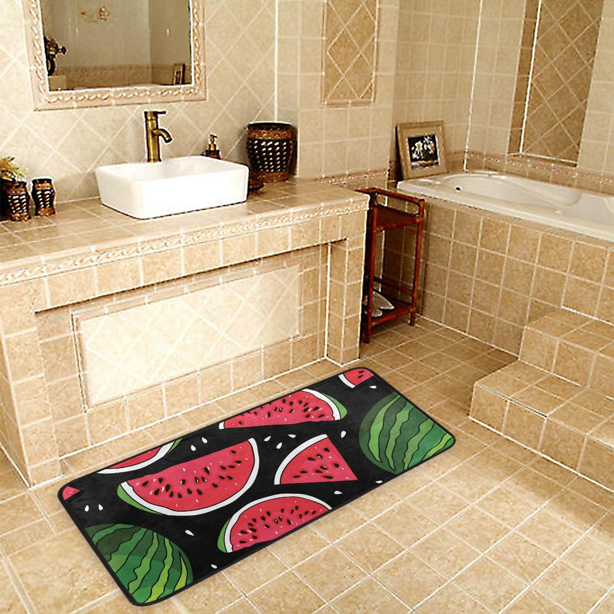 Kitchen Rug Mats 39 X 20 Inch Watermelon Black Soft Doormat Bath Rugs Runner Non-Slip for Home Decor