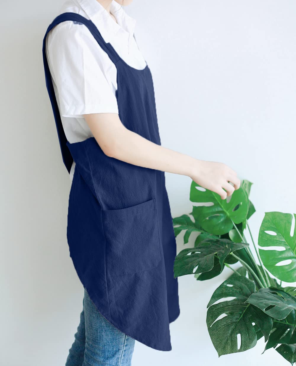 losofar Soft Cotton Linen Apron Cross Back X-Shaped Japanese Style Pinafore Dress for Cooking, Housewarming, Daily Chores (darkblue, (28.3"x 35.4"))