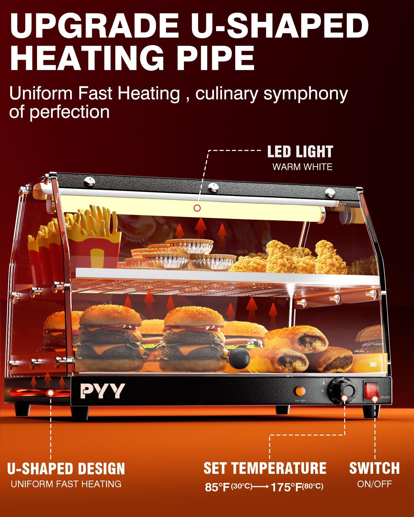 PYY Food Warmer Commercial Countertop Pizza Warmer Countertop 2-Tier with LED Lighting Food Display Warmer Pastry Disaplay Case Pretzel Warmer Machine