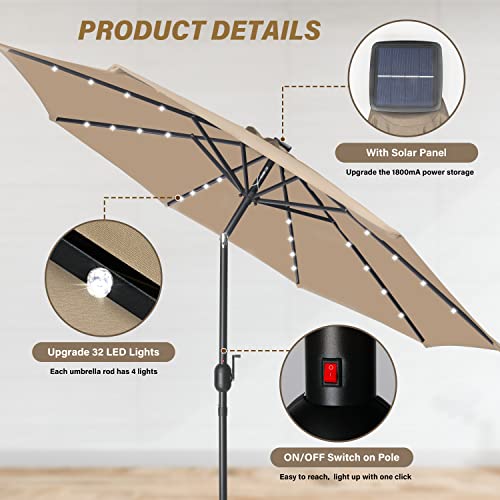 Simple Deluxe 9' Solar Umbrella 32 LED Lighted Patio Umbrella Table Market Umbrella with Push Button Tilt/Crank Outdoor Umbrella for Garden, Deck, Backyard and Pool, Tan