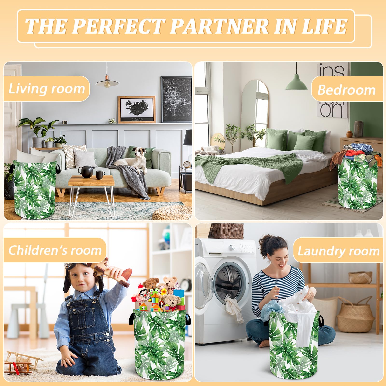 Palm Leaves Laundry Basket, Foldable Waterproof Oxford Cloth Floral Laundry Hamper Funny Tote Bag Dirty Clothes Storage Bucket Toy Organizer for Bathroom/Laundry/Bedroom 15.7"x19.6"
