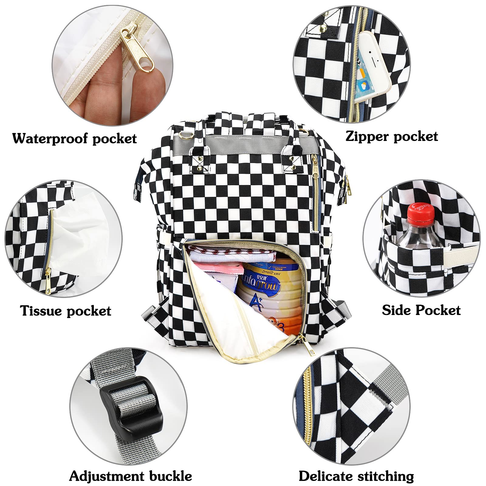 MCWTH Checkered Sunflower Diaper Bag Backpack Set for Baby Girls Mom, Large Capacity Multi-Function Nappy Bags Organizer